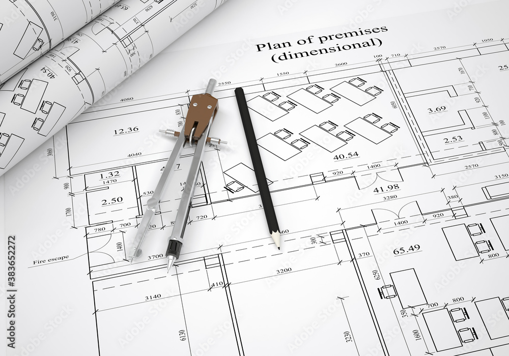 Scrolls architectural drawings and tools Stock Photo | Adobe Stock