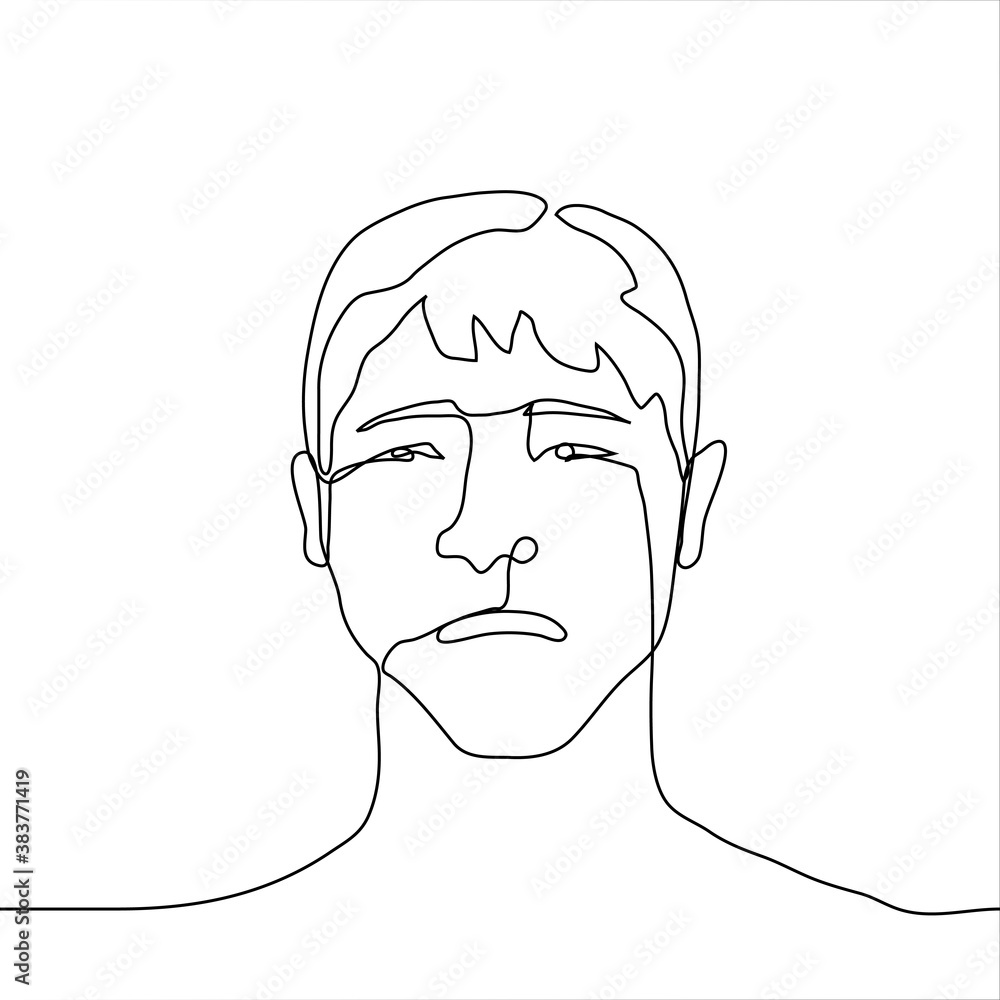 drawing face of a crying man. one line drawing the man made a grimace ...