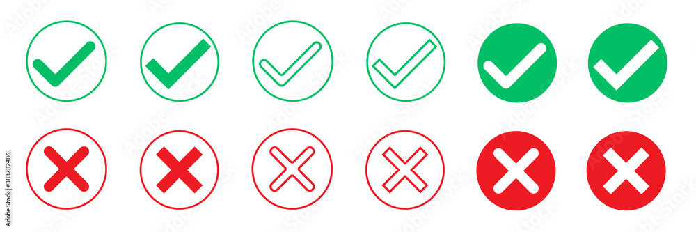 Set of Check mark and cross icons. Acceptance, approval, rejection symbols. Vector flat yes and ...