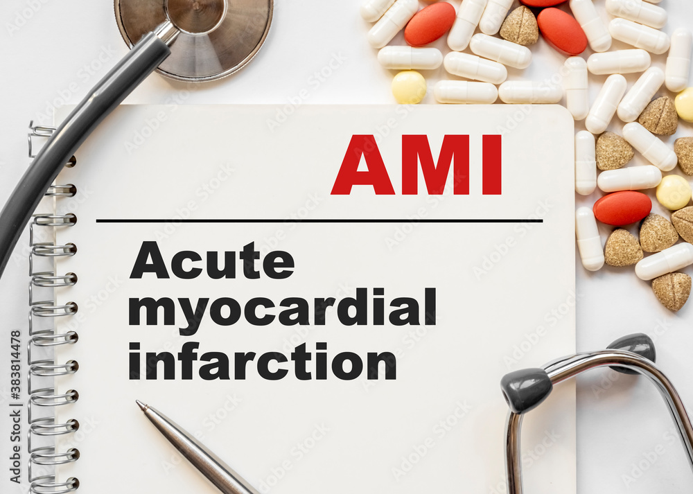 Page in notebook with AMI Acute myocardial infarction on white ...