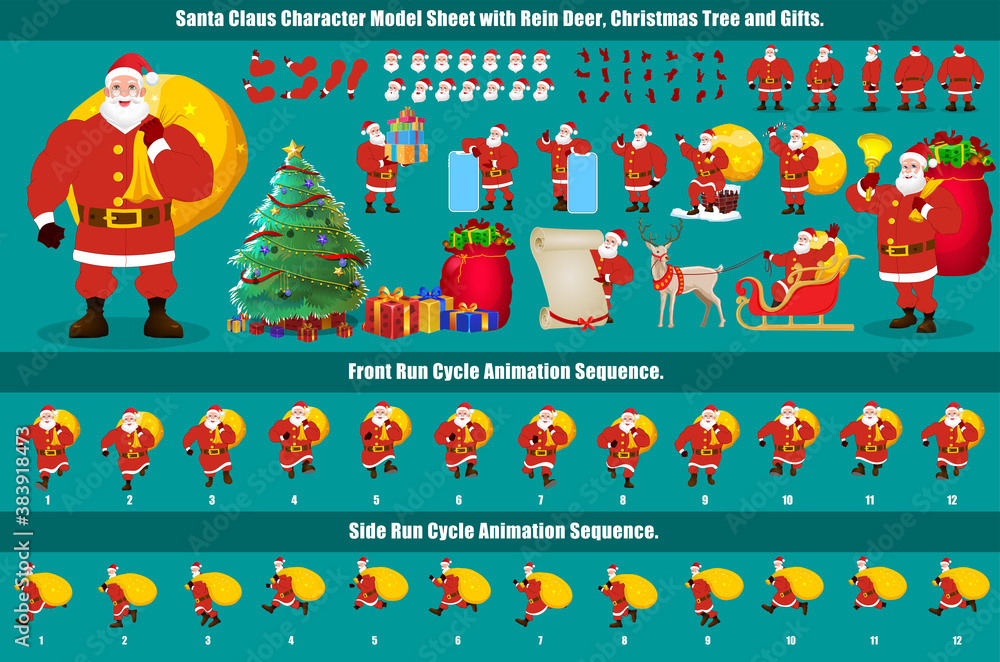 Christmas Santa Claus Character Design Model Sheet with walk cycle and ...