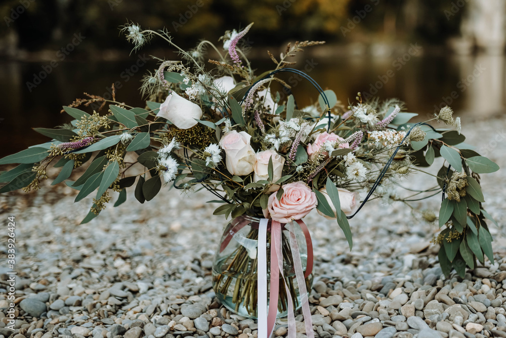 Beautiful big boho bride wedding bouqet of pastel pink roses, lilac ...