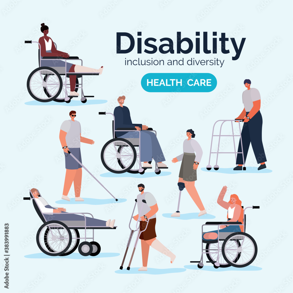 disability people cartoons with wheelchair prosthesis and cast vector ...