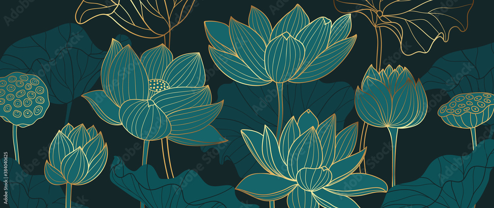 Luxury lotus background design with golden line and emerald green color ...