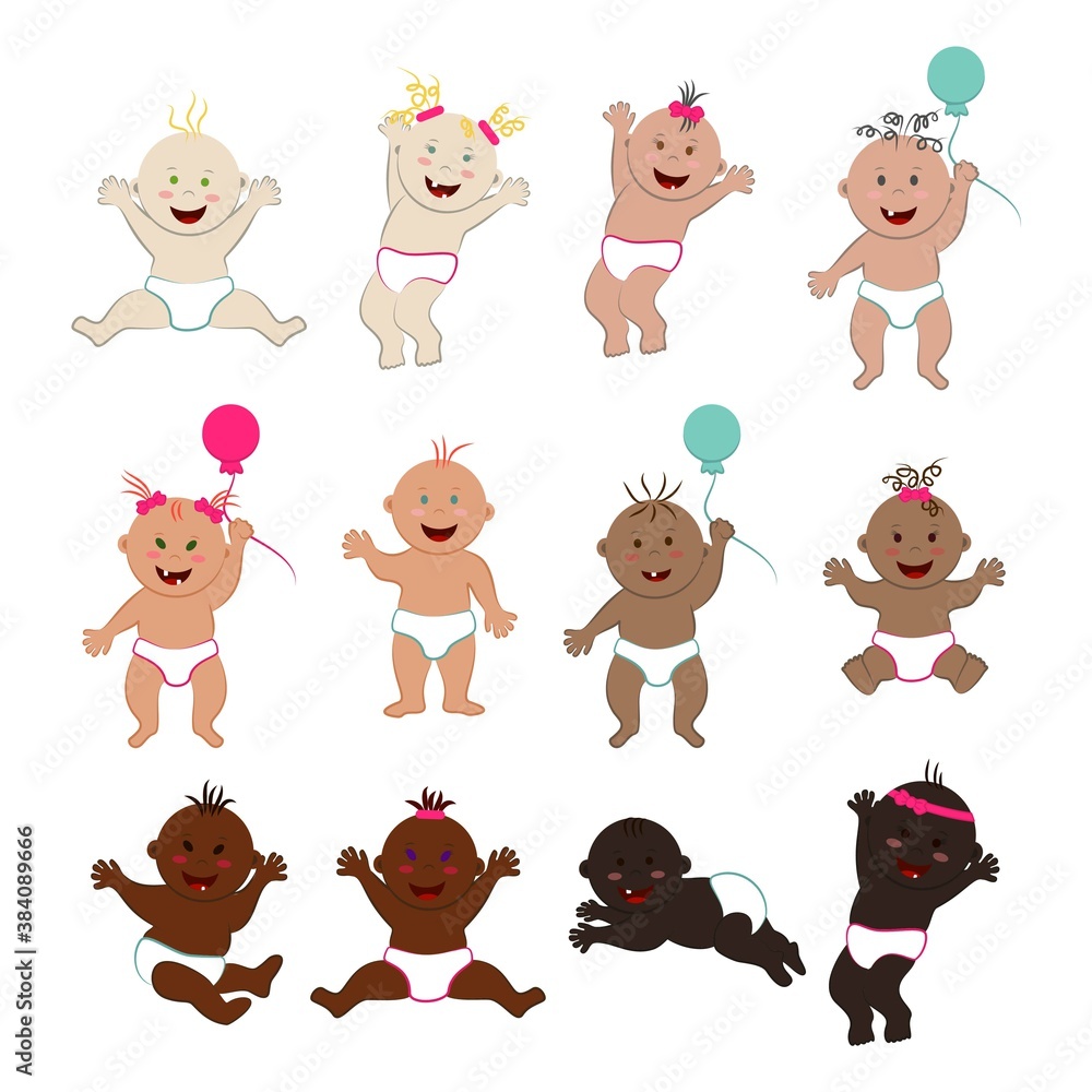 Vector set of laughing and having fun multinational babies isolated on ...