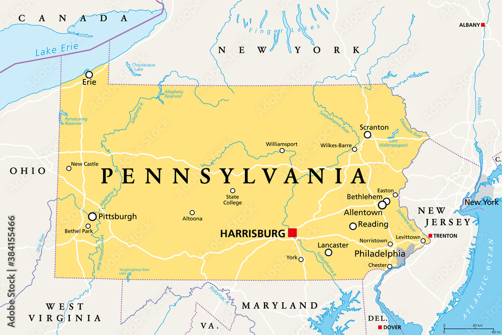 Pennsylvania, PA, political map. Officially the Commonwealth of ...