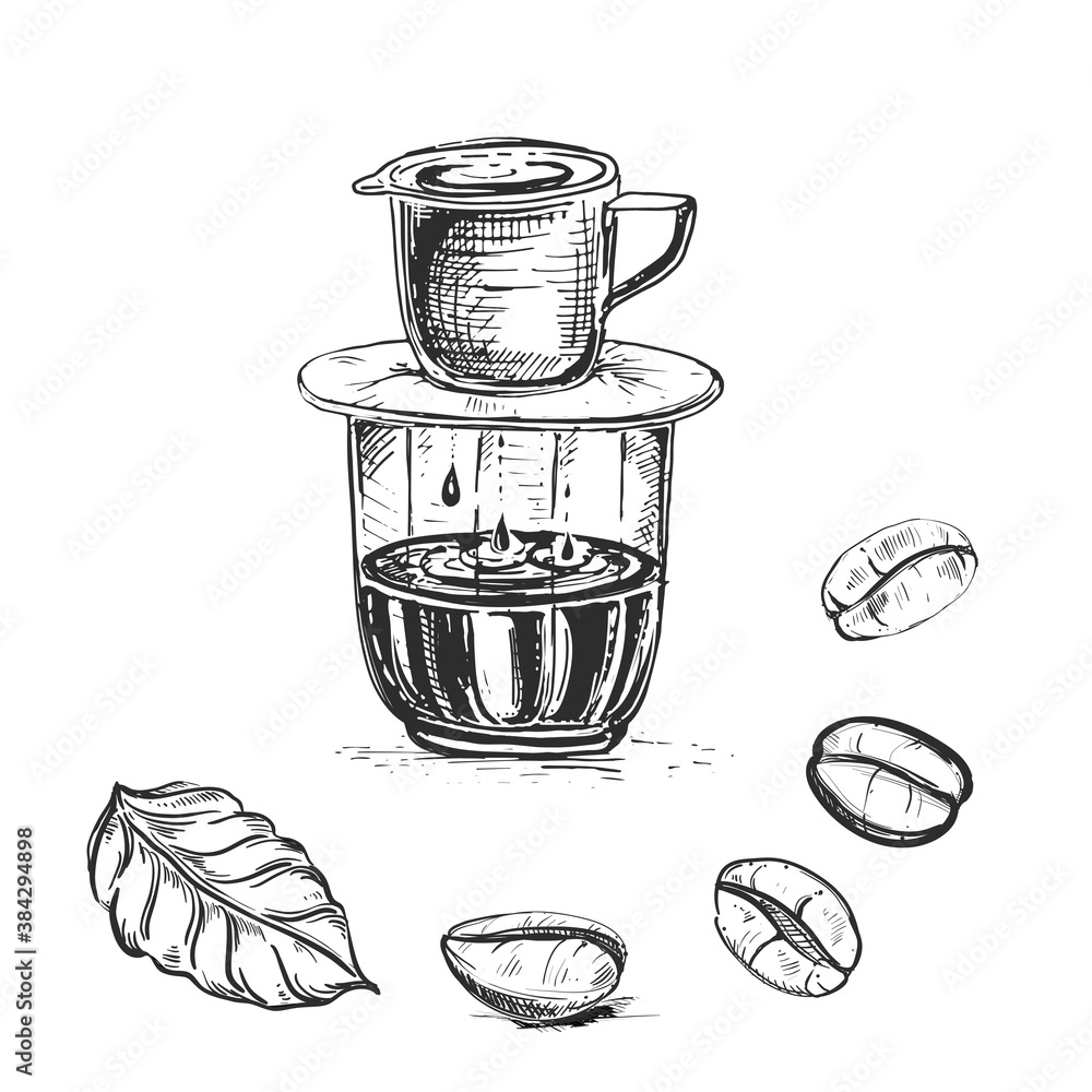 Hand drawn sketch black and white set of coffee beans with vietnam ...