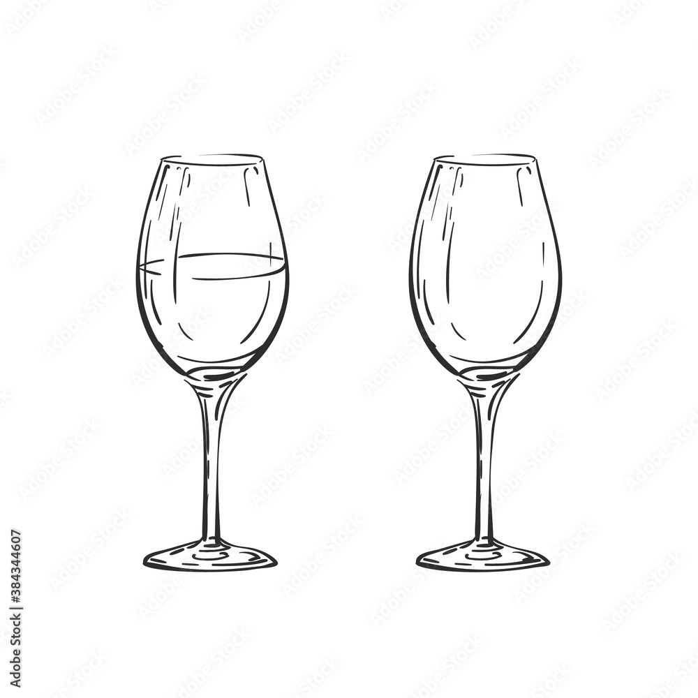 Empty and full wine glass vector drawing isolated. Hand drawn ...