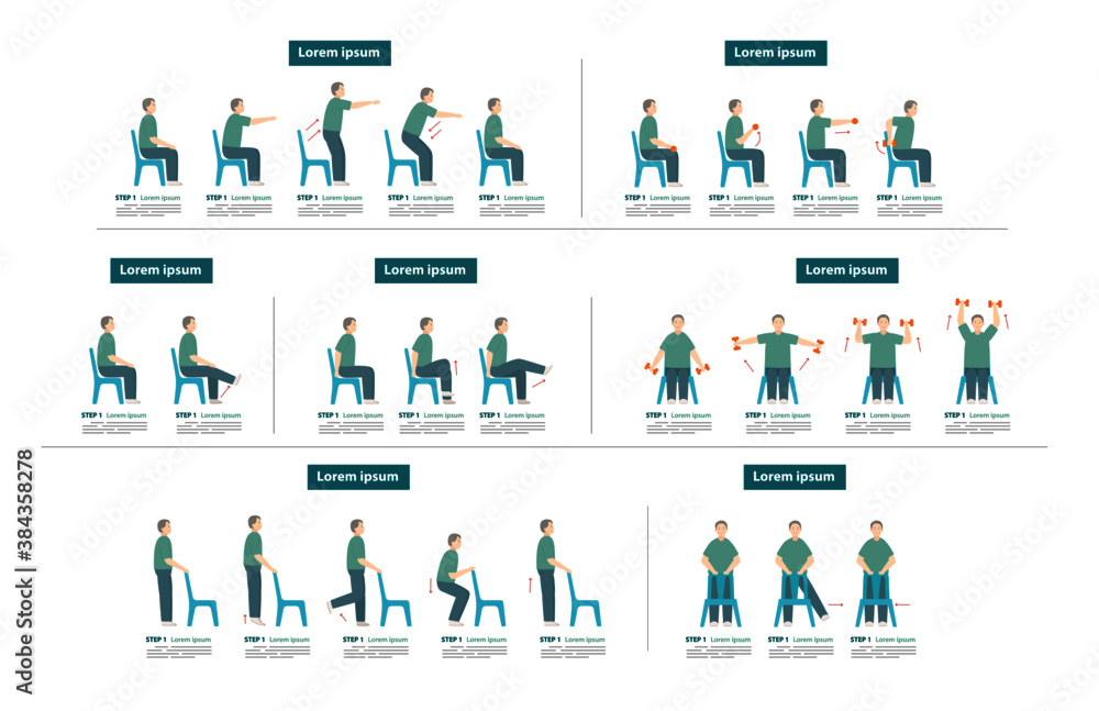 old man sit on chair exercise step cartoon set Stock Vector | Adobe Stock