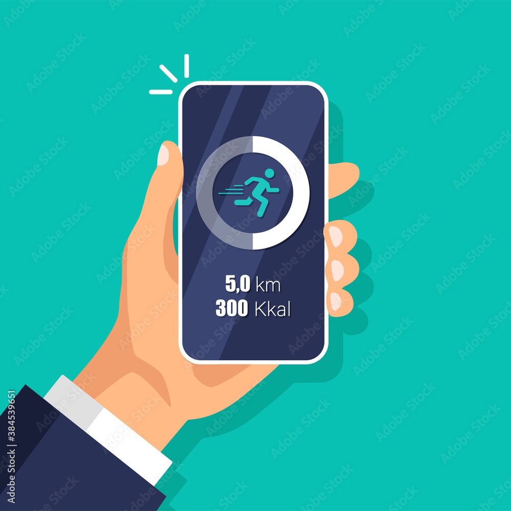 Fitness steps and run tracker app on mobile phone. Pedometer concept ...
