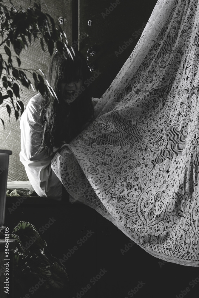 Photo Stock Demon possessed little girl at night. Mad scary girl at ...