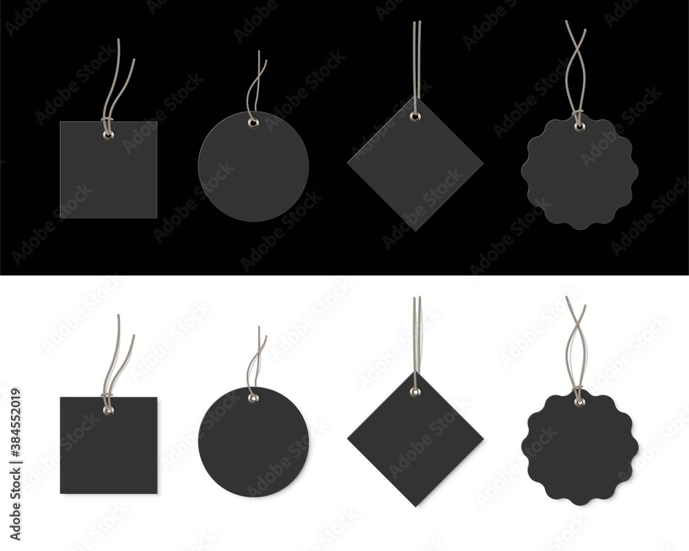 Black price or label tags mockup template set. Blank cards with strings ...