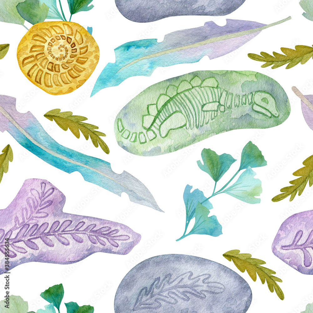 Colorful fossils clip-art watercolor seamless pattern. Cute ...