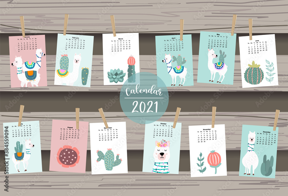 Cute animal calendar 2021 with llama, alpaca, cactus for children, kid ...