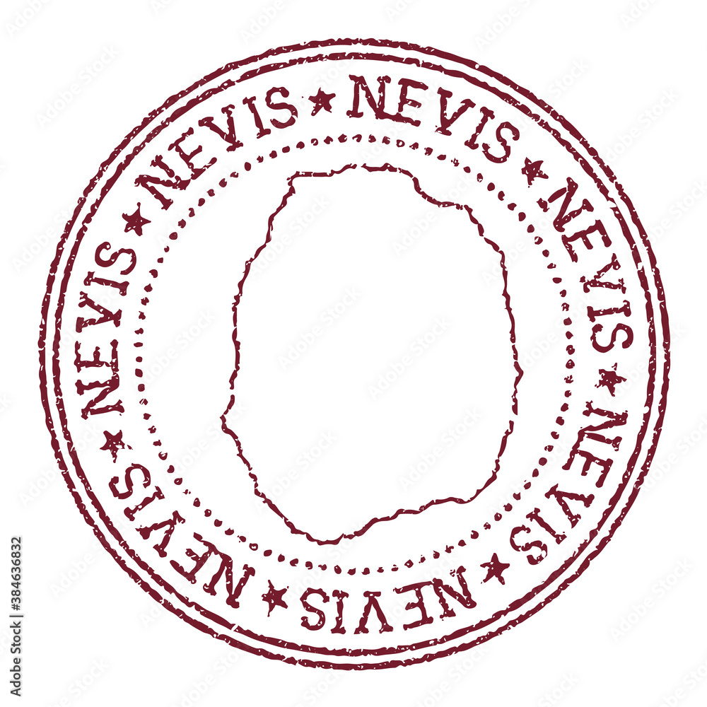 Nevis round rubber stamp with island map. Vintage red passport stamp ...