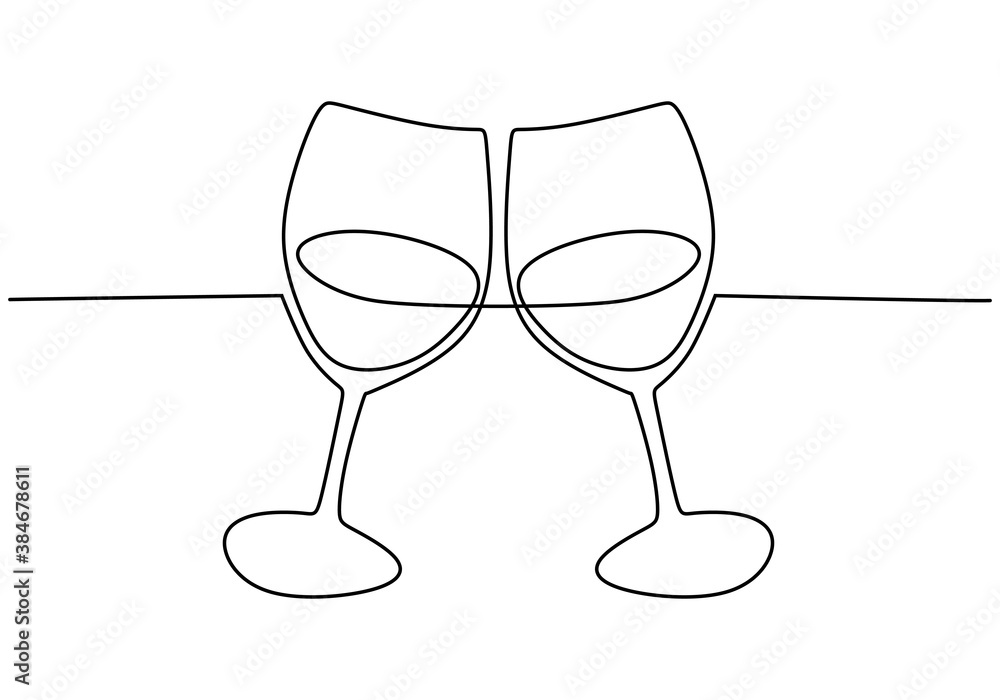 Continuous one line drawing of cheers two glasses for party celebration ...