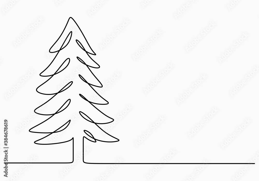 One line drawing of christmas tree. Merry Christmas and Happy New Year ...