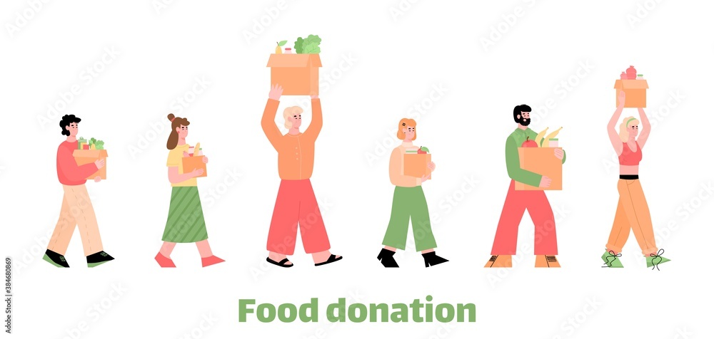 Food donation web banner with cartoon people marching with grocery ...