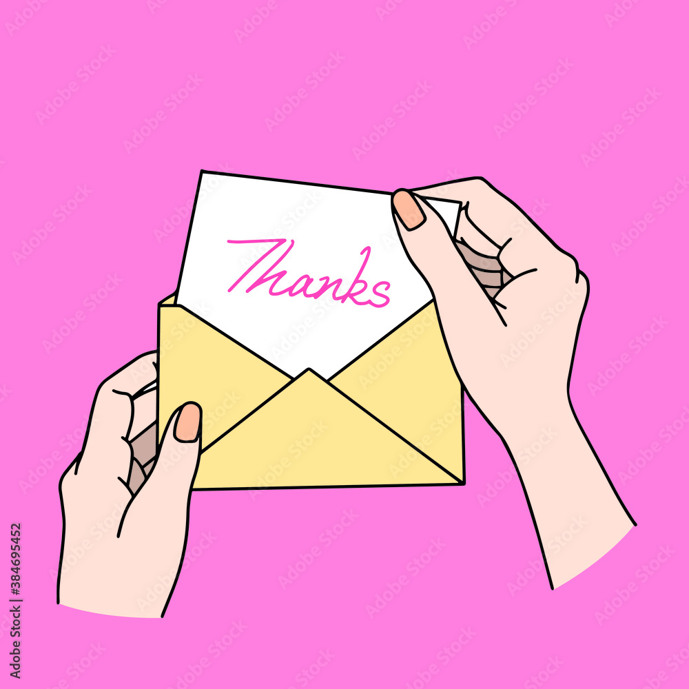 Women's hands with a letter in her hand with words thank you. Vector ...