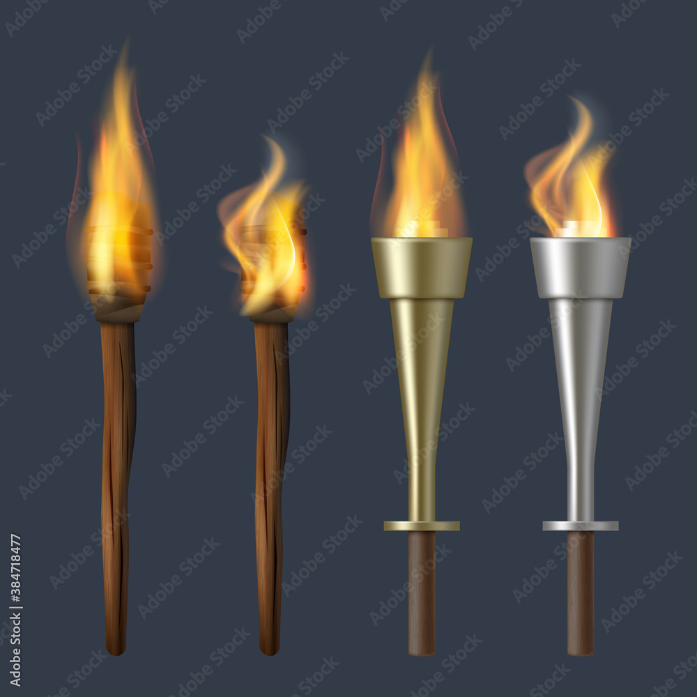 Fire torch. Realistic flame torches olympic bonfire vector ...