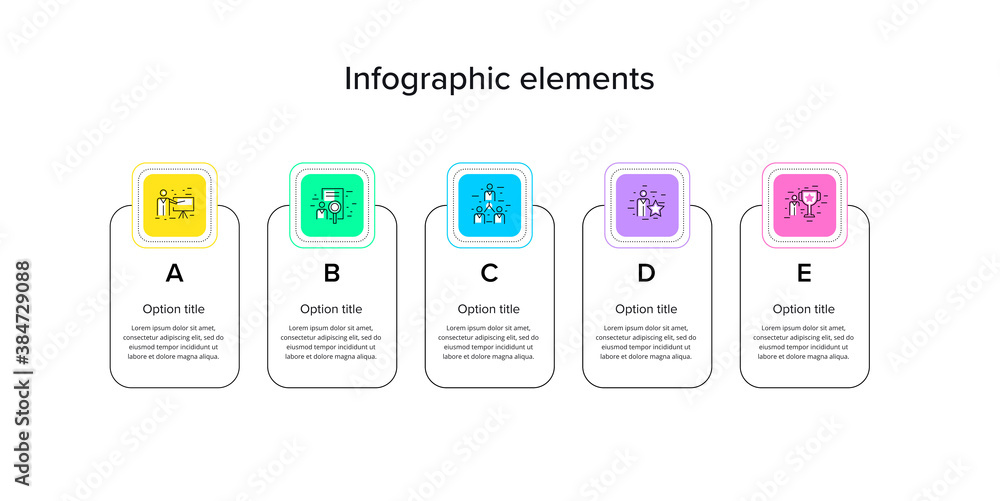 Business process chart infographics with 5 step squares. Rectangular corporate workflow graphic ...