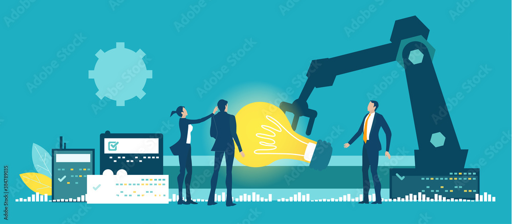 Business people work in factory by belt line, producing light bulbs ...
