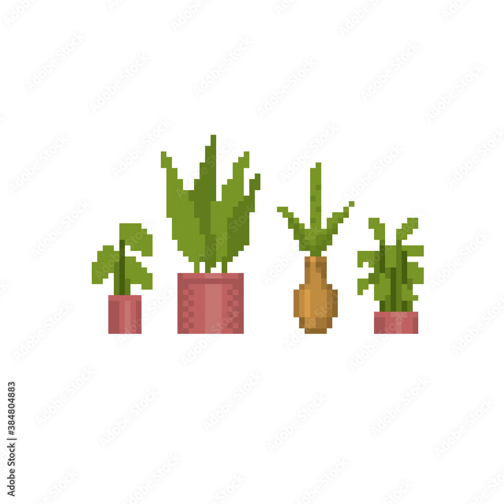 Household, office plants in pots. Pixel art icons set. Old school ...