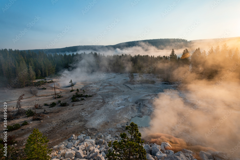 Hot Springs and gushing Geysers at Yellowstone National Park wilderness ...