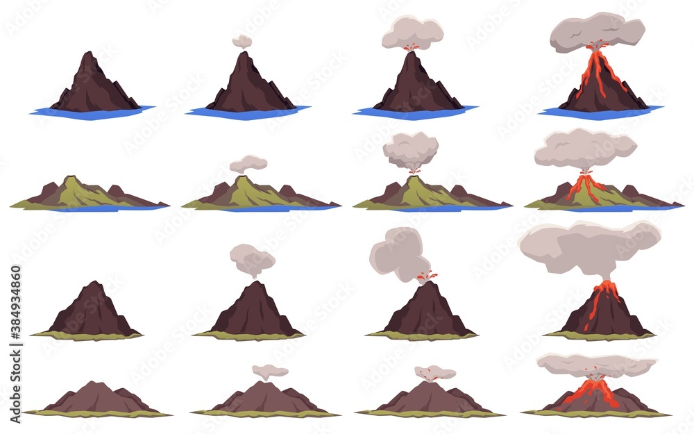 Volcanic mountains stages of eruption, flat vector illustration ...