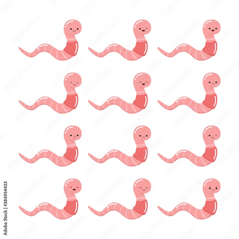 Set of funny cute worms with different emotions isolated on white ...