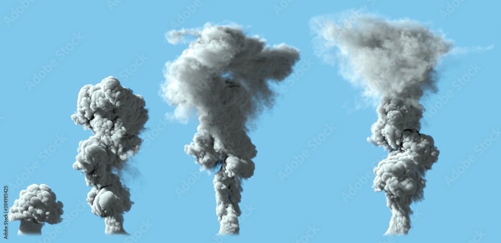 4 different renders of heavy bright smoke column as from volcano or ...