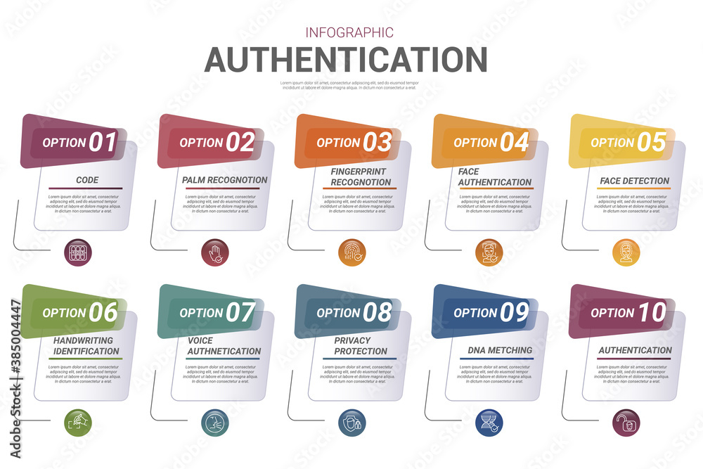 Infographic Authentication template. Icons in different colors. Include ...