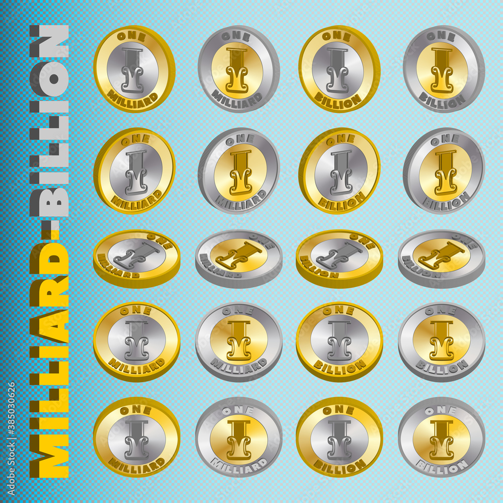 3D set of bimetallic coins in several projections. Silver-gold tokens ...