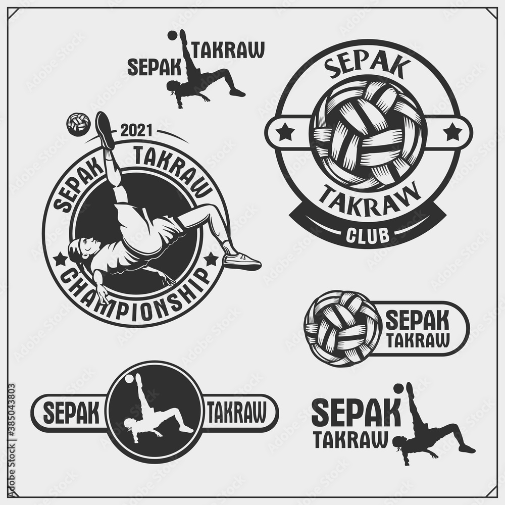 Vector set of Sepak Takraw and fitness emblems and labels. Athletes ...