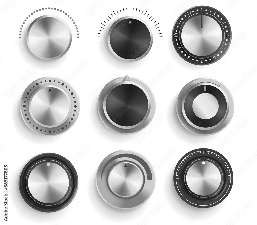 Vector set of black and chrome volume control buttons isolated on white ...