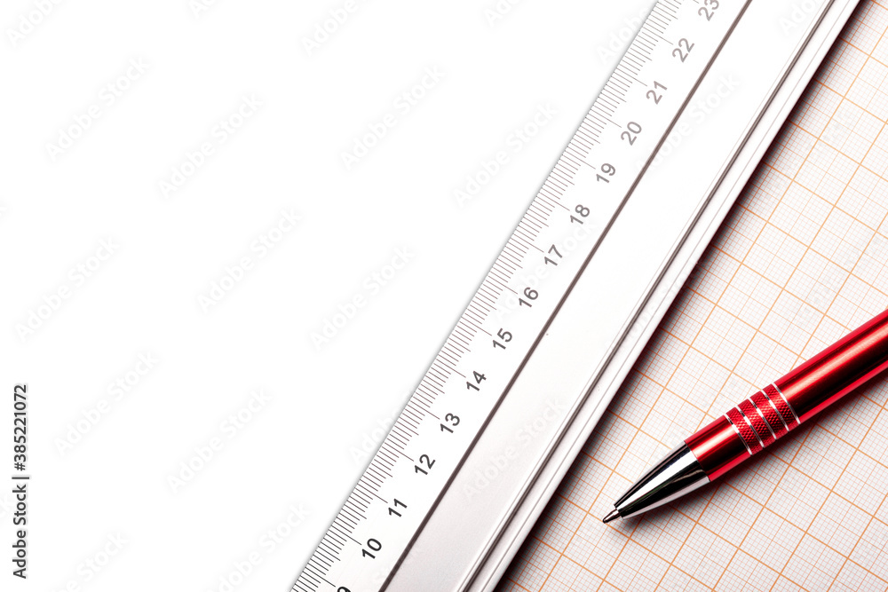 Engineering top view background. Silver ruler, red pen and empty copy ...