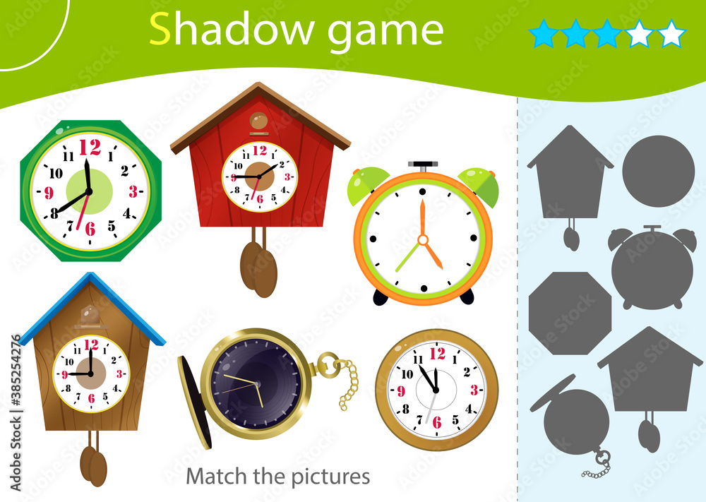 Shadow Game for kids. Match the right shadow. Color images of watches ...