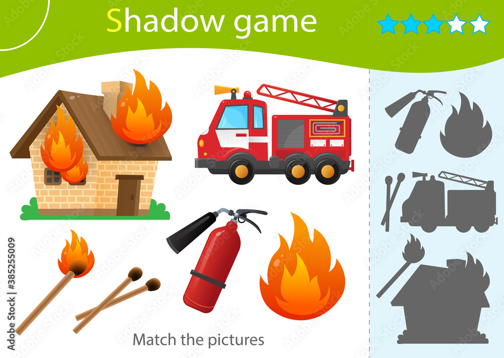 Shadow Game for kids. Match the right shadow. Color image of fire truck ...