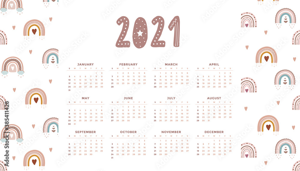 Cute calendar 2021 with boho rainbow for children. Cartoon vector ...