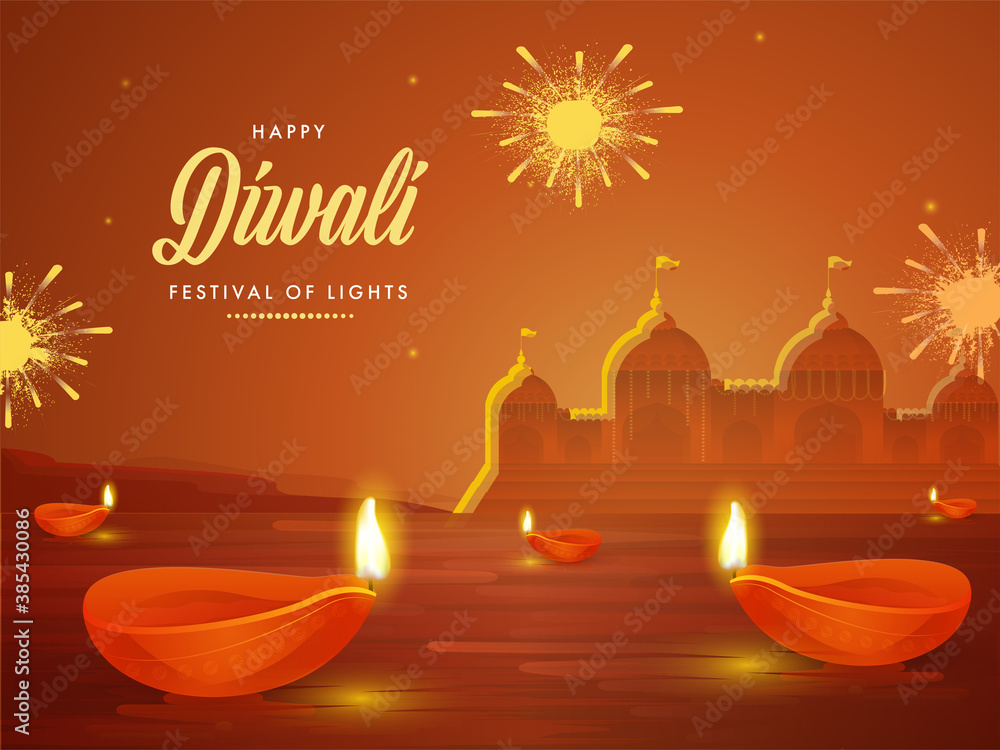 Decorative Temple or Ayodhya from Lit Oil Lamps (Diya) with Fireworks ...
