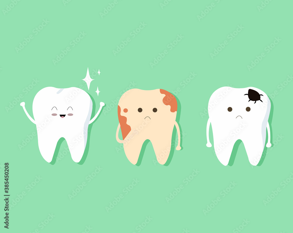 Tooth decay. Cute cartoon teeth characters vector. Dental care ...