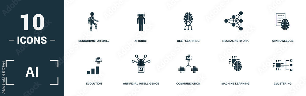 Ai icon set. Monochrome sign collection with evolution, artificial ...