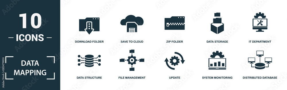 Data Mapping icon set. Monochrome sign collection with data structure ...
