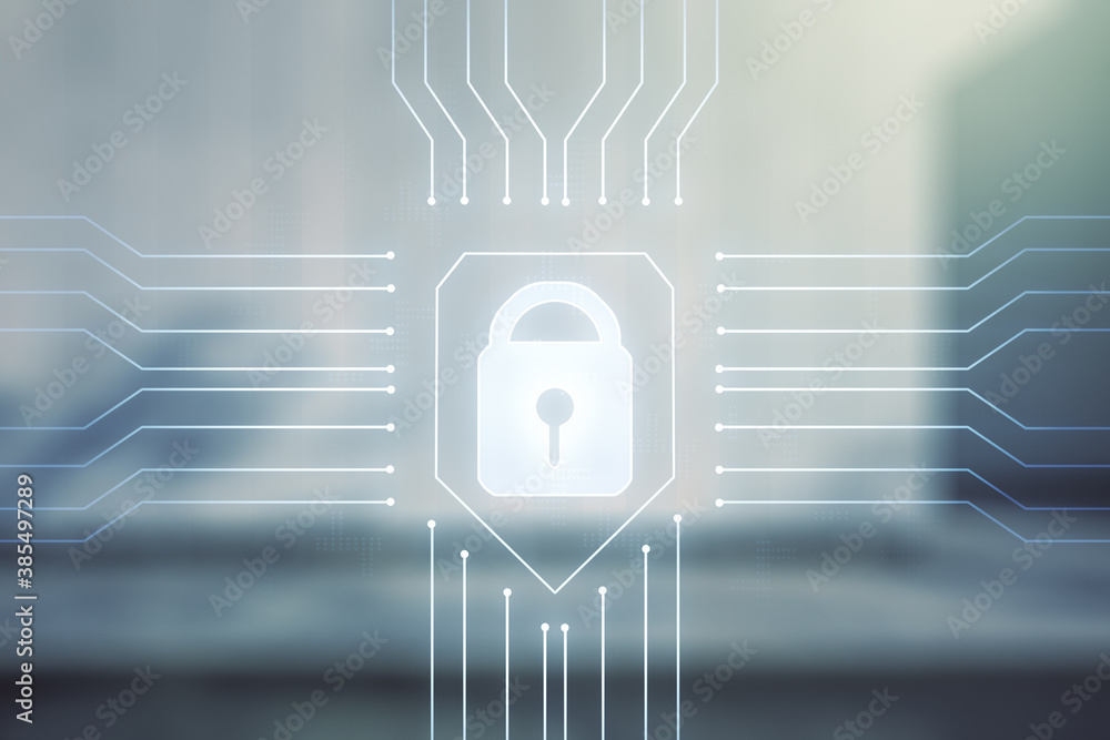 Virtual creative lock illustration with microcircuit on blurry ...
