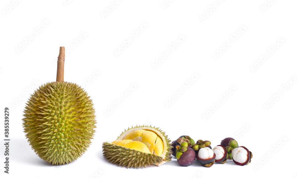 Durian and mangosteens as a king and a queen of fruit in Thailand. They ...