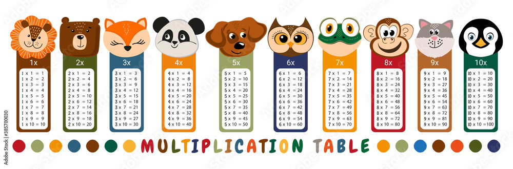 Vector multiplication table. Children's design. Printable bookmarks or ...