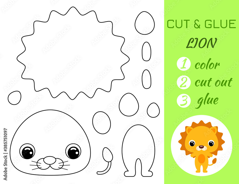 Coloring book cut and glue baby lion. Educational paper game for ...
