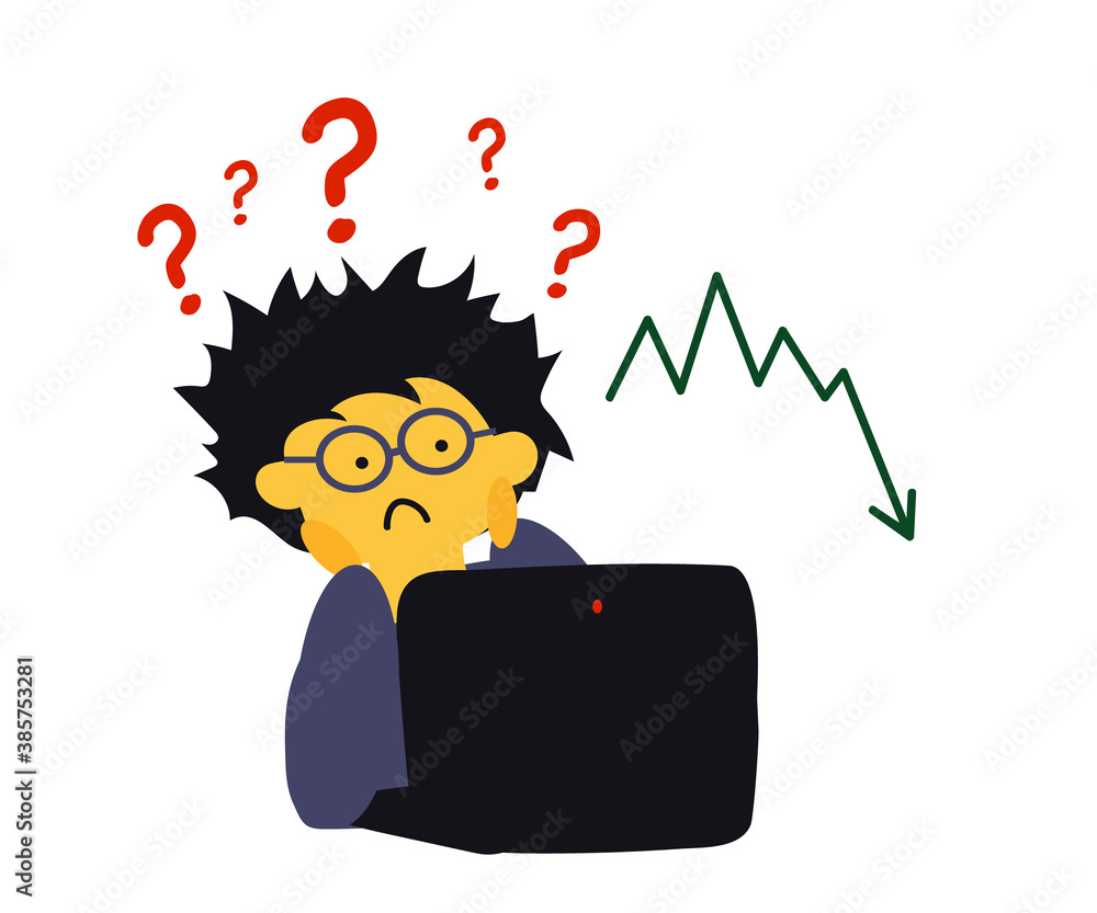 Man, question mark and computer. Cartoon. Vector illustration. Stock ...