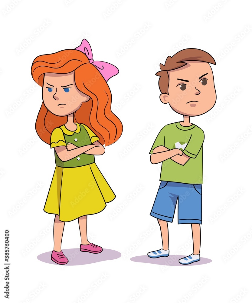 Angry stubborn kids. Mad girl and boy in quarrel with arms crossed. Sad ...