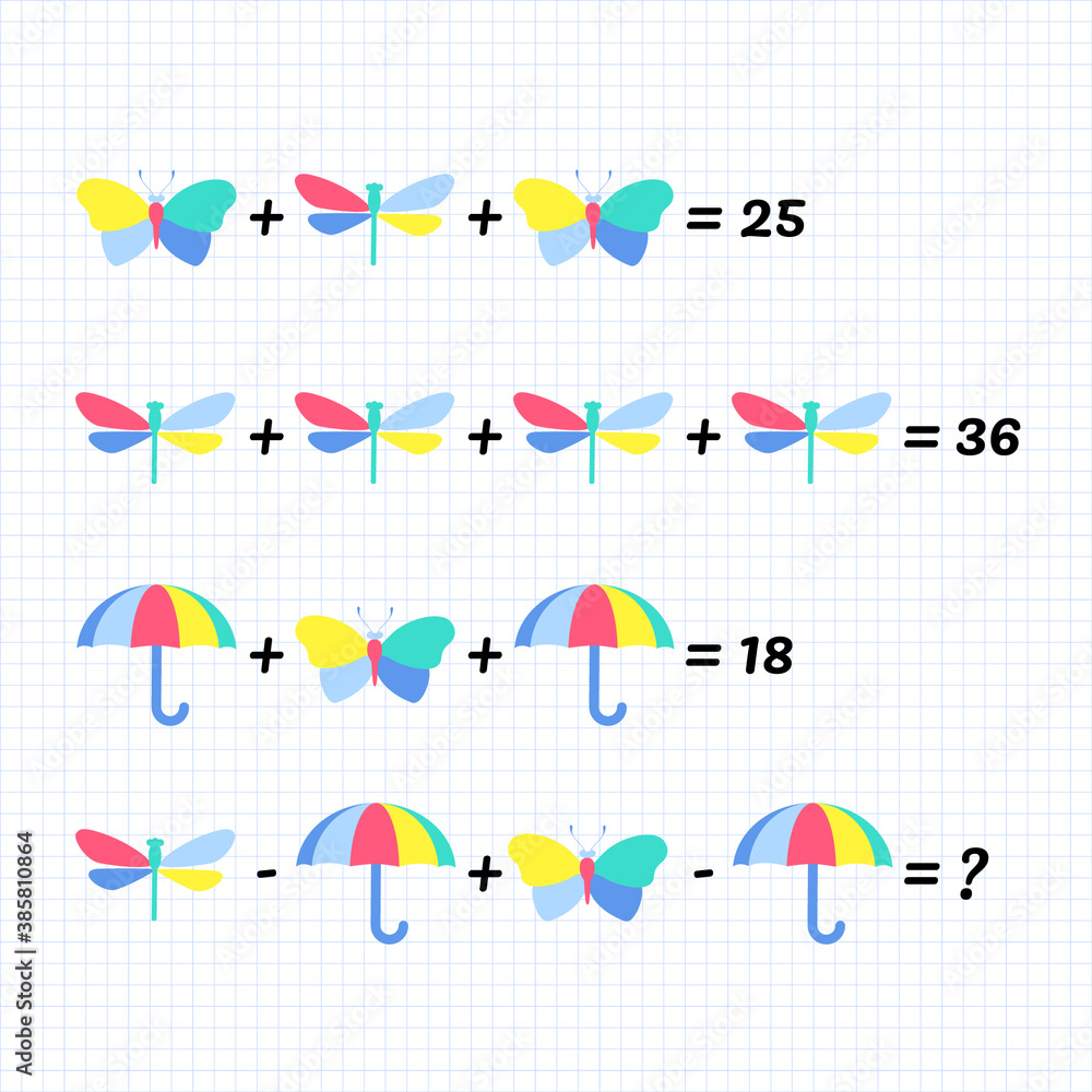 Mathematical Addition Subtraction Puzzle with butterfly, dragonfly, and ...